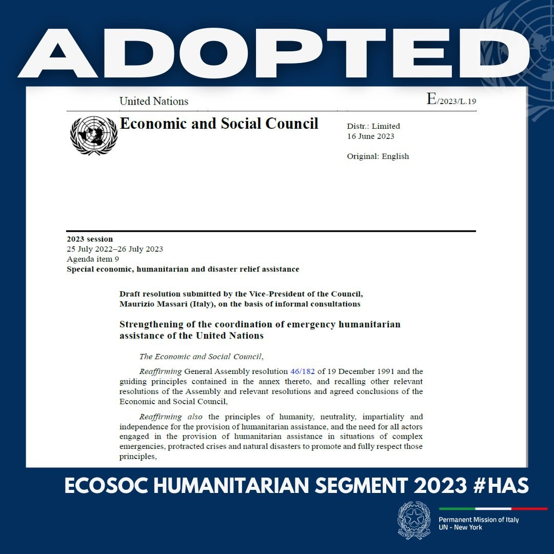 ECOSOC: Humanitarian Segment adopts Resolution coordinated by Italy ...